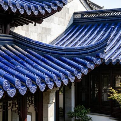 China Cobalt Blue Glazed Chinese Roof Tiles Traditional Clay Temple Pavilion Roof Tile System with Eaves Covers for Asian Architecture for sale