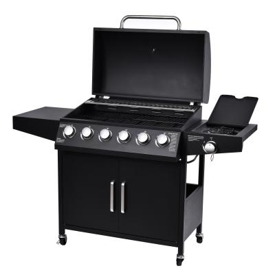 China Trolley en zijdebrander inclusief zwart 6 brander 70000Btu Buiten gas roker BBQ grill Te koop