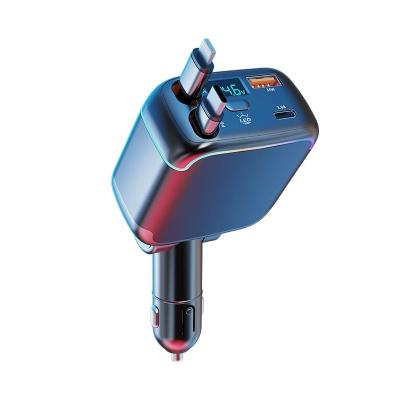 China Retractable  Fast Car Charger LED 12V-24V With Dual Built-in Cables Type C & Lightning Dual Ports USB C & USB A 100W For Car Truck Factory for sale