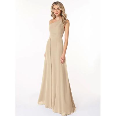 China Popular A-Line One-Shoulder Chiffon Floor-Length Bridesmaid Dress Champagne Sleeveless Side Zip Pleated for sale