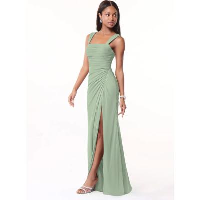 China Customized Factory Fitted Ruched Long Bridesmaid Dress Dusty Sage Chiffon Floor-Length Sheath Sleeveless Keyhole for sale
