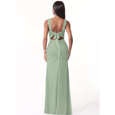 China Customized Factory Fitted Ruched Long Bridesmaid Dress Dusty Sage Chiffon Floor-Length Sheath Sleeveless Keyhole for sale