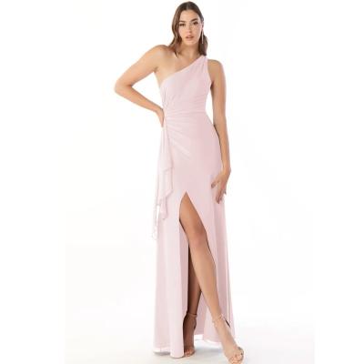 China Fashionable Fitted Pleated Ruffle Chiffon Long Bridesmaid Dress Blushing Pink Sleeveless One-Shoulder Plus Size for sale