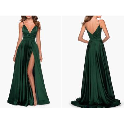 China Excellent Sleeveless Royal Blue Satin Long Evening Dress Front Split Slit Spaghetti Straps Sweep Train A-Line Ruffles for sale