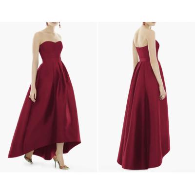 China Gorgeous Factory Custom-made Size High/Low Burgundy Satin Ball Gown Evening Dress Strapless Sweetheart Neck for sale
