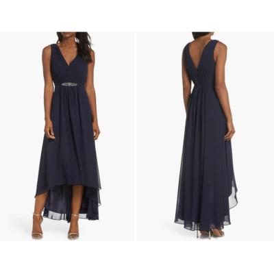 China Stunning Factory Custom-made Size High/Low Blue Chiffon Evening Dress Gown Strapless V-Neck A-Line Sleeveless V-back for sale