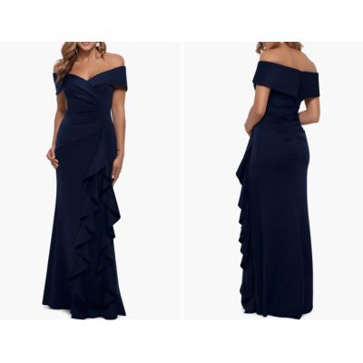 China Factory Midnight Color Ruffle Off-the-Shoulder Evening Dress Short Sleeves Customized Size Mermaid for sale