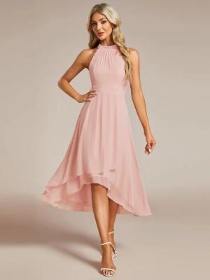 China Tea-length A-line Sleeveless Halter Neck Wedding Guest Dress Pink Chiffon Cocktail Dresses for sale
