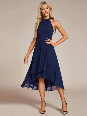 China Popular A-line Sleeveless Halter Neck Wedding Guest Dress Navy Blue Chiffon Cocktail Dresses for sale