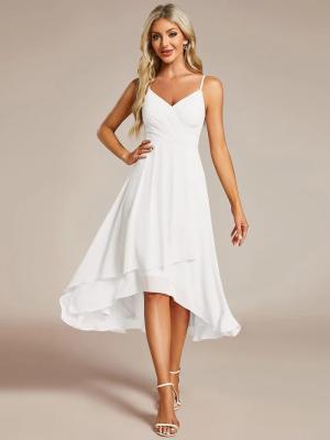 China Plus Size Elegant V-neck Spaghetti Strap High-low Chiffon Wedding Guest Dress White Graduation Dresses for sale