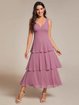 China Multi-layered Hem V-neck Sleeveless A-line Purple Orchid Chiffon Wedding Guest Dress Graduation Dresses for sale