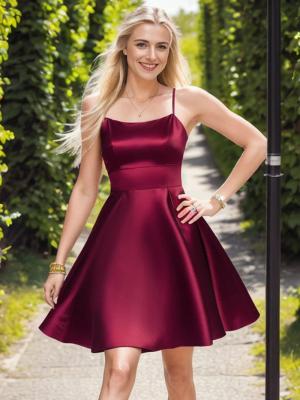China Spaghetti Strap A-line Backless Short Mini Burgundy Satin Graduation Dress for sale