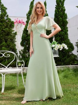 A-line V-neck Pleats Ruffle Cap Sleeves Mint Green Chiffon Bridesmaid Dress