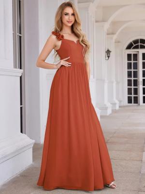 Elegant V-neck Floral Strap Empire A-line Waist Burnt Orange Chiffon Bridesmaid Dress 