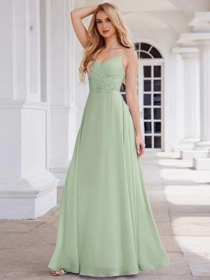 Chic V-neck Pleated Sleeveless Backless A-line Empire Spaghetti Strap Applique Waist Mint Green Chiffon Bridesmaid Dress