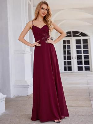 Chic V-neck Pleated Sleeveless Backless A-line Empire Spaghetti Strap Applique Waist Burgundy Chiffon Bridesmaid Dress 