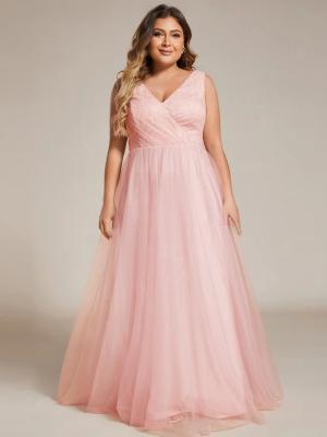 Elegant V-neck Sleeveless Two Straps Empire A-line Plus Size Pink Lace And Tulle Bridesmaid Dress 