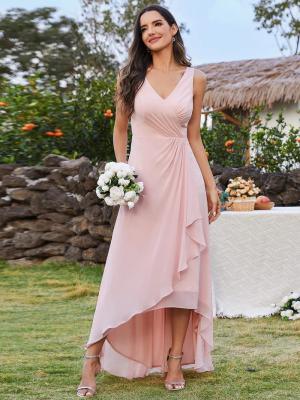 Sexy High-low Ruffles V-neck Waist Pleating Two Straps Pink Chiffon Pleated Lotus Leaf Sleeveless Bridesmaid Dress