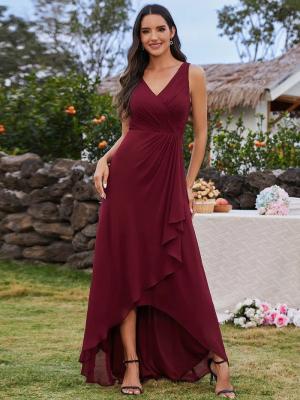China Unique High-low Ruffles V-neck Waist Pleating Two Straps Burgundy Chiffon Pleated Lotus Leaf Sleeveless Prom Dress for sale