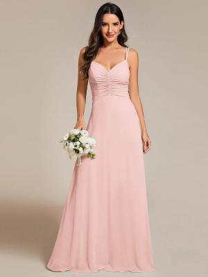 China Popular Empire A-line Adjustable Straps V-neck Pleated Pleated Pink Chiffon Graduation Dress for sale