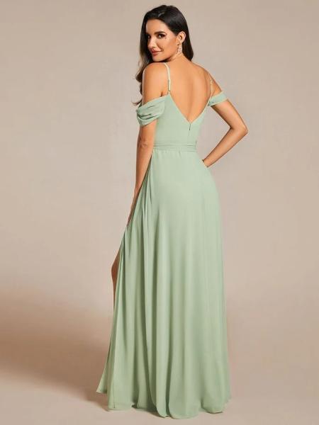 Quality Plus Size A-line Ruffled V-neck Spaghetti Strap High Slit Mint Green Chiffon for sale