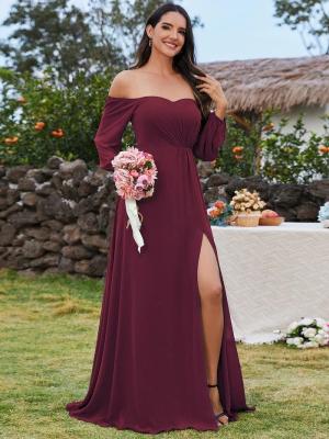 Plus Size Ruffled Long Sleeve High Slit Off-shoulder High Slit Burgundy Chiffon Prom Dress