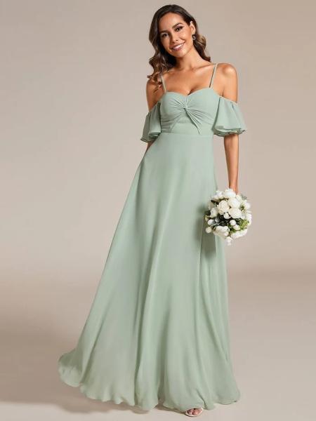 Quality Empire A-line Ruffled Off-shoulder Spaghetti Strap Criss-cross Ruffles Sleeve Mint Green Chiffon Bridesmaid Dresses  for sale