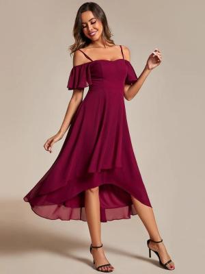 China Empire Off-shoulder Spaghetti Strap Zipper High-low Wedding Guest Dresses Short Sleeves Burgundy Chiffon Evening Dress for sale