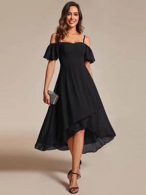 China Empire Off-shoulder Spaghetti Strap Zipper High-low Wedding Guest Dresses Short Sleeves Black Chiffon Prom Dress  for sale
