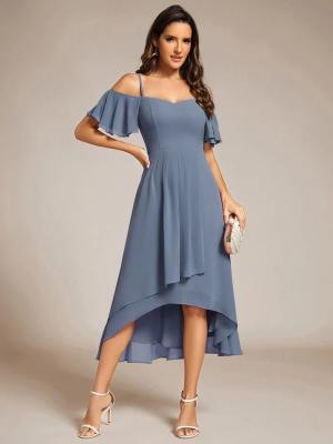 China Empire Off-shoulder Spaghetti Strap Zipper High-low Wedding Guest Dresses Short Sleeves Dusty Navy Chiffon Evening Dress for sale