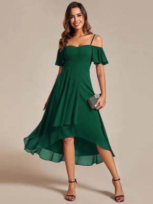 China Empire Off-shoulder Spaghetti Strap Zipper High-low Wedding Guest Short Sleeves Dark Green Chiffon Homecoming Dress for sale