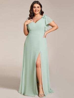 China Empire Plus Size Zipper V-neck High Split A-line Short Sleeve Mint Green Chiffon Evening Dress for sale