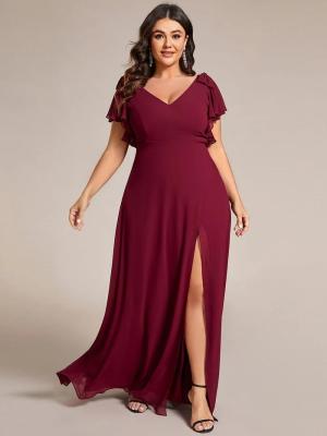 China Empire Plus Size Zipper V-neck High Split A-line Short Sleeve Burgundy Chiffon Prom Dress for sale