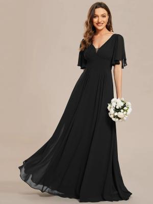 China Simple V-neck Zipper Short Sleeves Empire Waist A-line Maxi Ruffled Black Chiffon Evening Dress  for sale