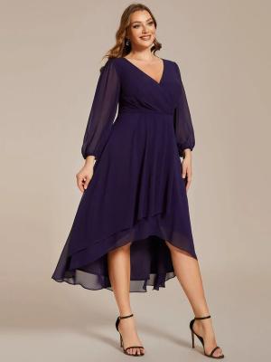 China Plus Size Ruffled A-line Long Sleeve V-neck High Low Wedding Guest Dark Purple Chiffon Bridesmaid Dress  for sale