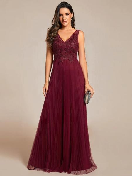 Quality Elegant V-neck Floor-length Appliqued Zipper Two Straps A-line Grey Crepe Tulle for sale