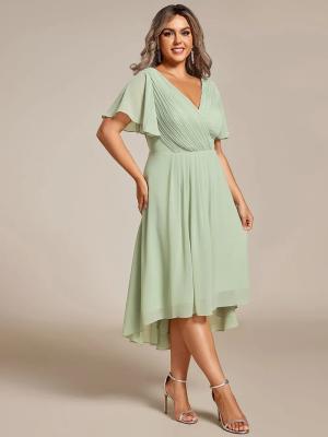 Empire Plus Size V-neck High-low A-line Short Sleeve Ruffled Mint Green Chiffon Wedding Guest Evening Dress