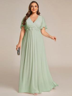 China Empire Plus Size Applique Short Sleeve A-line V-neck Flutter Sleeves Invisible Zipper Navy Blue Chiffon Evening Dress for sale