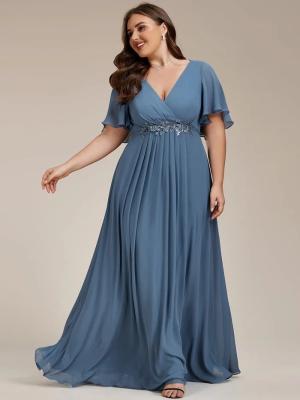 China Empire Plus Size Applique Short Sleeve A-line V-neck Flutter Sleeves Invisible Zipper Navy Blue Chiffon Evening Dress for sale