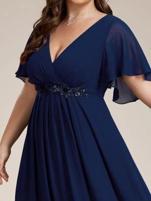 China Empire Plus Size Applique Short Sleeve A-line V-neck Flutter Sleeves Invisible Zipper Navy Blue Chiffon Evening Dress for sale