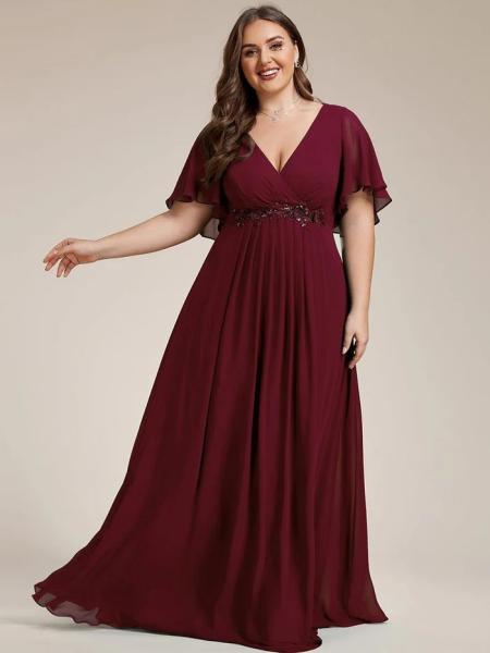 Quality Empire Plus Size Applique Short Sleeve A-line V-neck Flutter Sleeves Invisible for sale