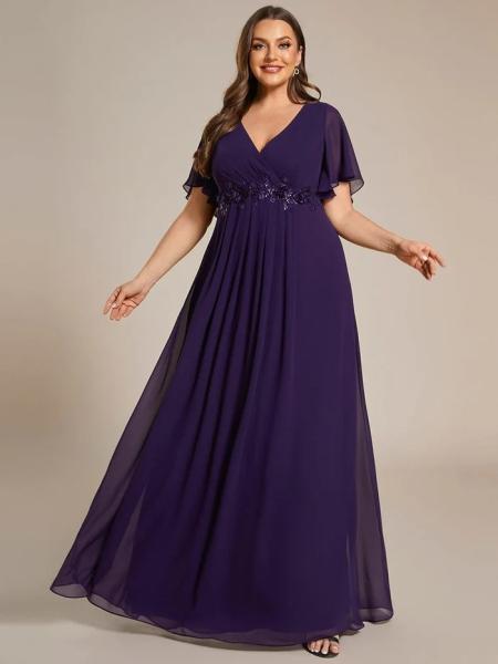 Quality Empire Plus Size Applique Short Sleeve A-line V-neck Flutter Sleeves Invisible for sale