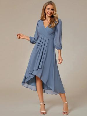 Elegant Empire Long Sleeve V-neck High Low A-line Ruffled Midi Dusty Navy Chiffon Wedding Guest Homecoming Dress