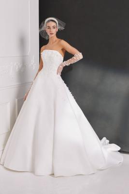 China Modern Custom-made Size Empire Zipper Strapless Court Train White Satin Lace Bride Ball Gown Wedding Dress for sale