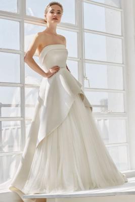 China Unique Plus Size Layers Strapless Zipper Ruffles Court Train Ball Gown White Asymmetric Satin Tulle Wedding Dress for sale