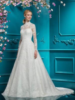 China Elegant Plus Size High-neck Full-length Sleeve Court Train Zipper Ball Gown Bride White Lace Wedding Dress for sale