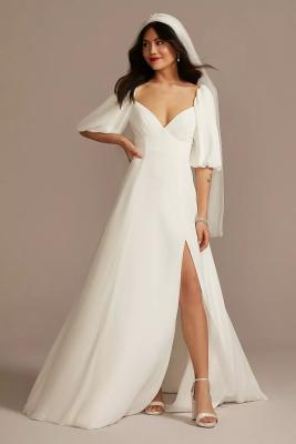 China Perfect Bubble Sleeve Ruffles Empire V-neck Low Back Zipper Sweep Train White Georgette Wedding Dress for sale