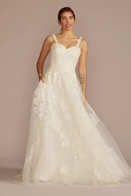 China Stunning Applique A-line Sweetheart Removable Straps Chapel Train Lace-up White Tulle Wedding Dress for sale
