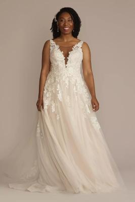 China Stunning Zipper Illusion Plunge V-neck Spaghetti Strap Appliqued Lace Ball Gown White Tulle Wedding Dress for sale