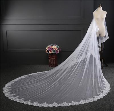 Unique Customized 3.5m*3m Wholesale Long Cathedral Appliqued Lace Two Layers Tulle Bridal Wedding White Veil With Hair C